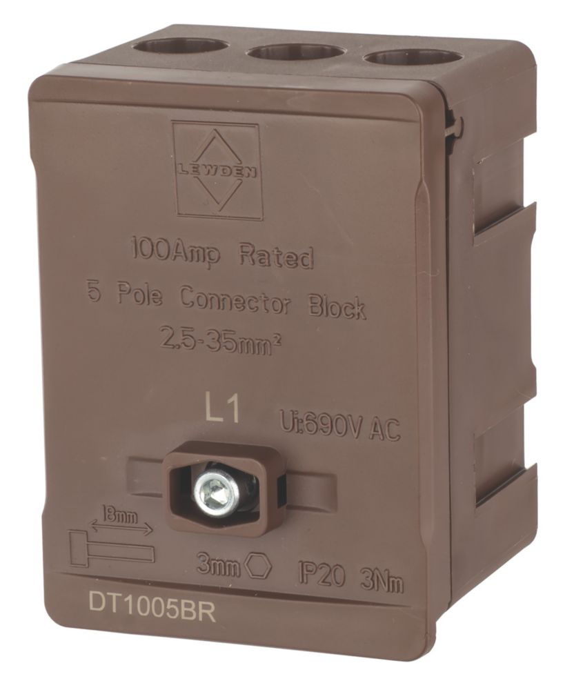 Lewden 100A 5-Way 2.5-35mm² Connector Block Brown - Screwfix