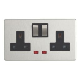Contactum Lyric 13A 2-Gang DP Switched Socket Outlet Brushed Steel with Neon with Black Inserts ...