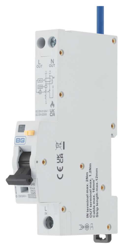 British General 40A 30mA Type A SP & N B Curve RCBO with AFDD - Screwfix
