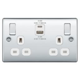 British General Nexus Metal 13A 2-Gang SP Switched Socket + 2.4A 22W 2-Outlet Type A & C USB ...