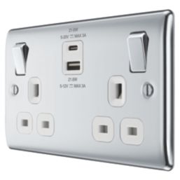 British General Nexus Metal 13A 2-Gang SP Switched Socket + 2.4A 22W 2-Outlet Type A & C USB ...