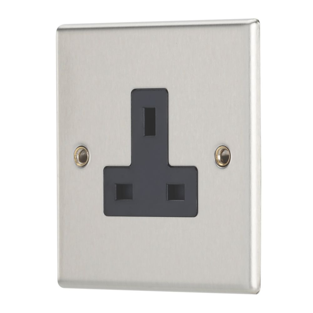 Contactum iConic 13A 1-Gang Unswitched Socket Brushed Steel with Black ...