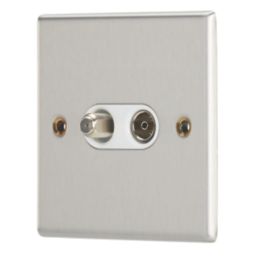 Contactum iConic 2-Gang Coaxial TV & F-Type Satellite Socket Brushed Steel with White Inserts ...
