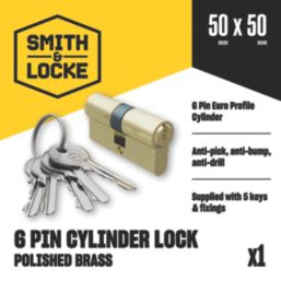Smith & Locke 6-Pin Cylinder Lock 50-50 (100mm) Brass - Screwfix