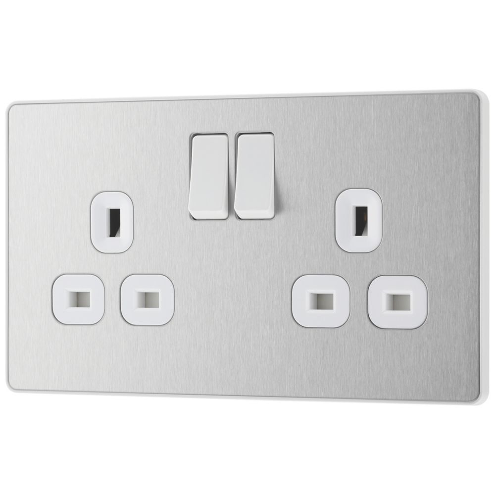 British General Evolve 13A 2-Gang SP Switched Socket Brushed Steel with ...