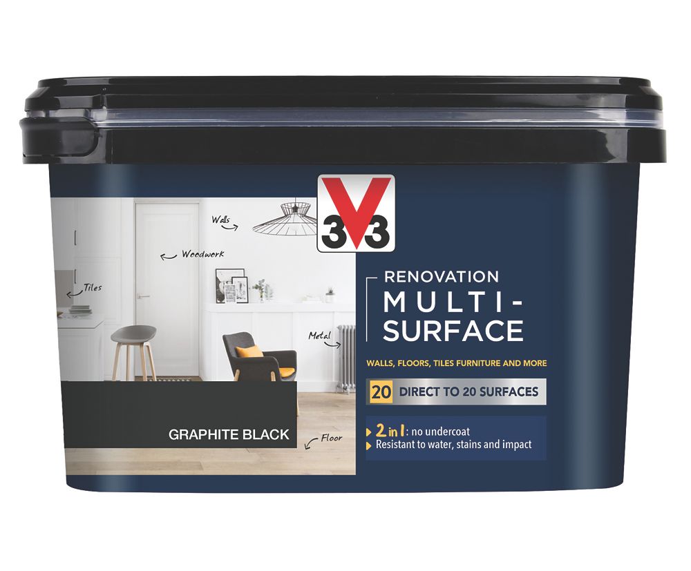 V33 2Ltr Graphite Black Satin Acrylic Multi Surface Paint - Screwfix