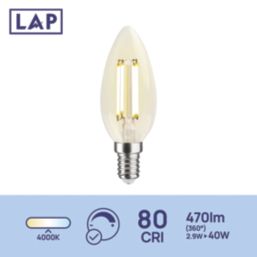 LAP E14 Candle LED Light Bulb Clear 470lm 2.9W 4 Pack - Screwfix