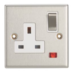 Contactum Iconic 13A 1-Gang DP Switched Socket Outlet Brushed Steel with Neon with White Inserts ...