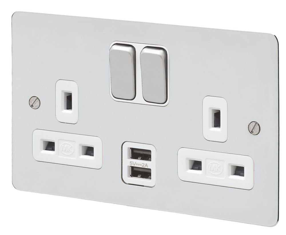 MK Edge 13A 2-Gang DP Switched Socket + 2A 2-Outlet Type A USB Charger ...