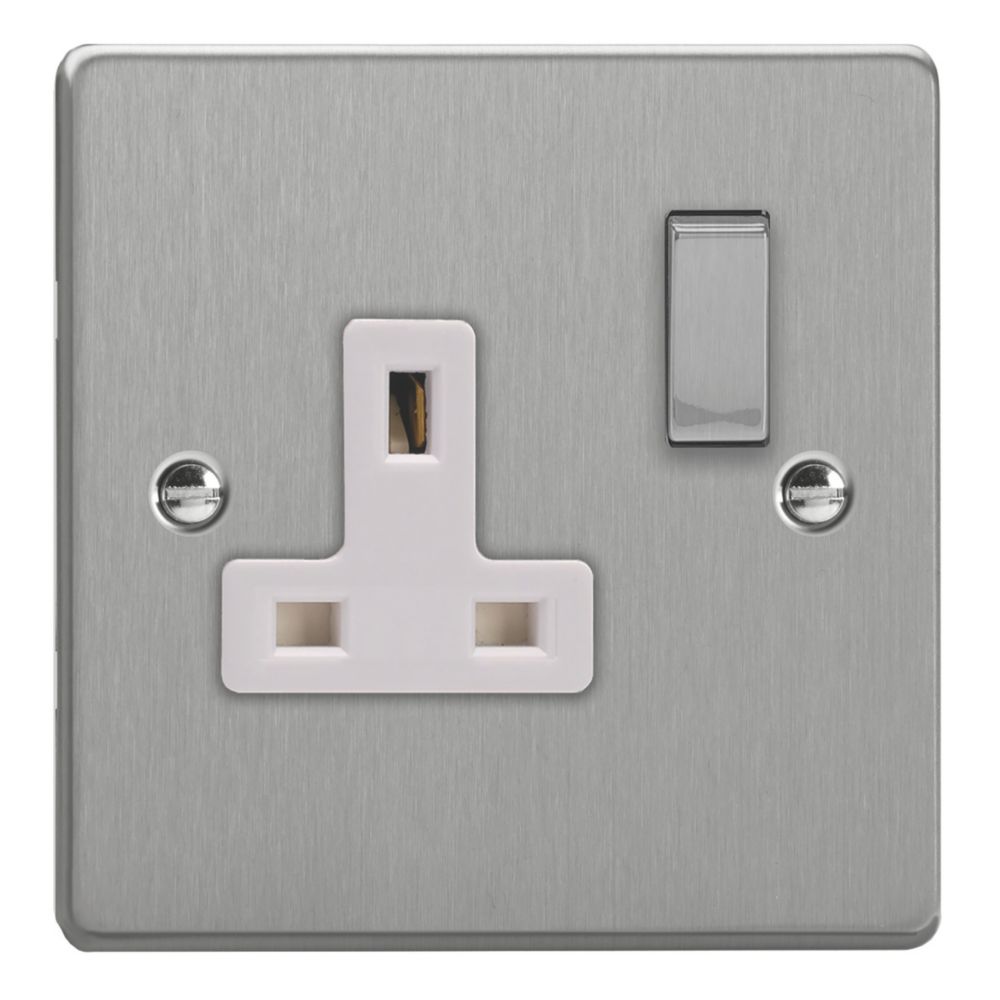 Varilight 13A 1-Gang 2-Pole Switched Socket Brushed Steel with White ...