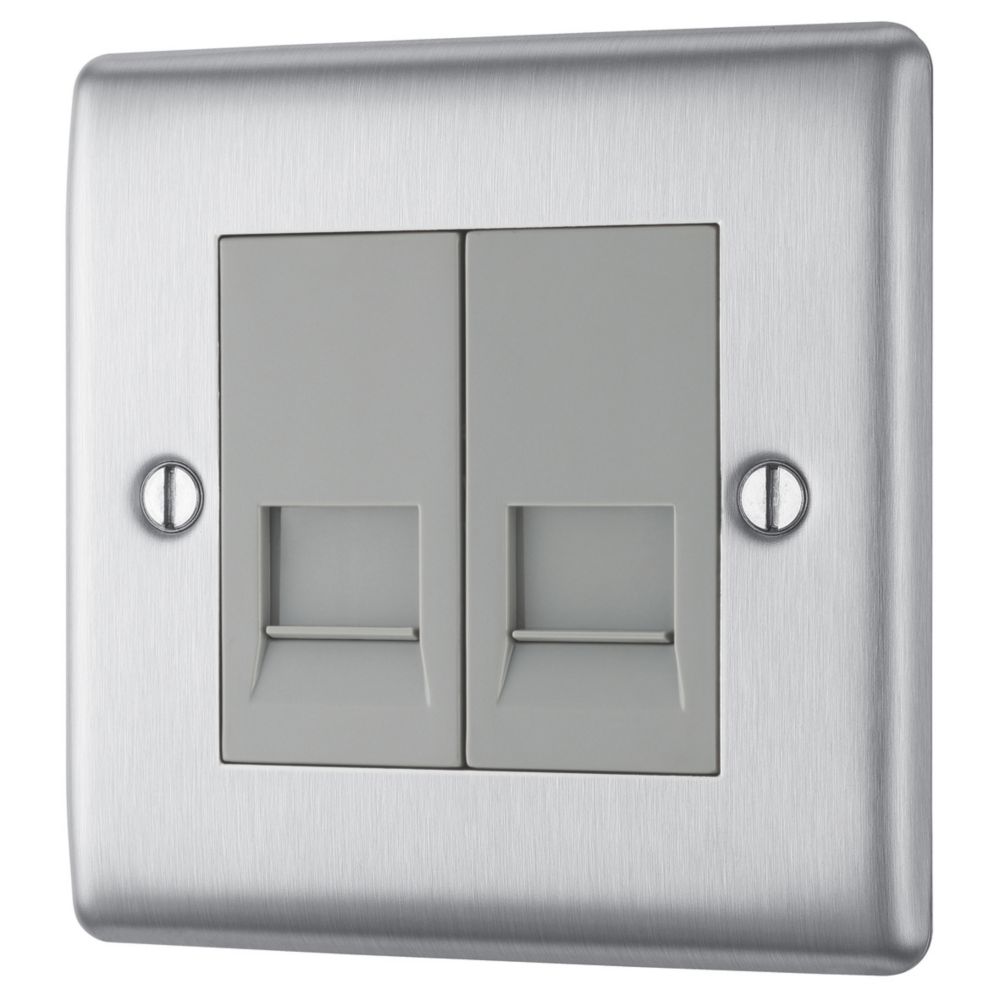 British General Nexus Metal 2-Gang Double RJ11 Telephone / Data Socket Brushed Steel - Screwfix
