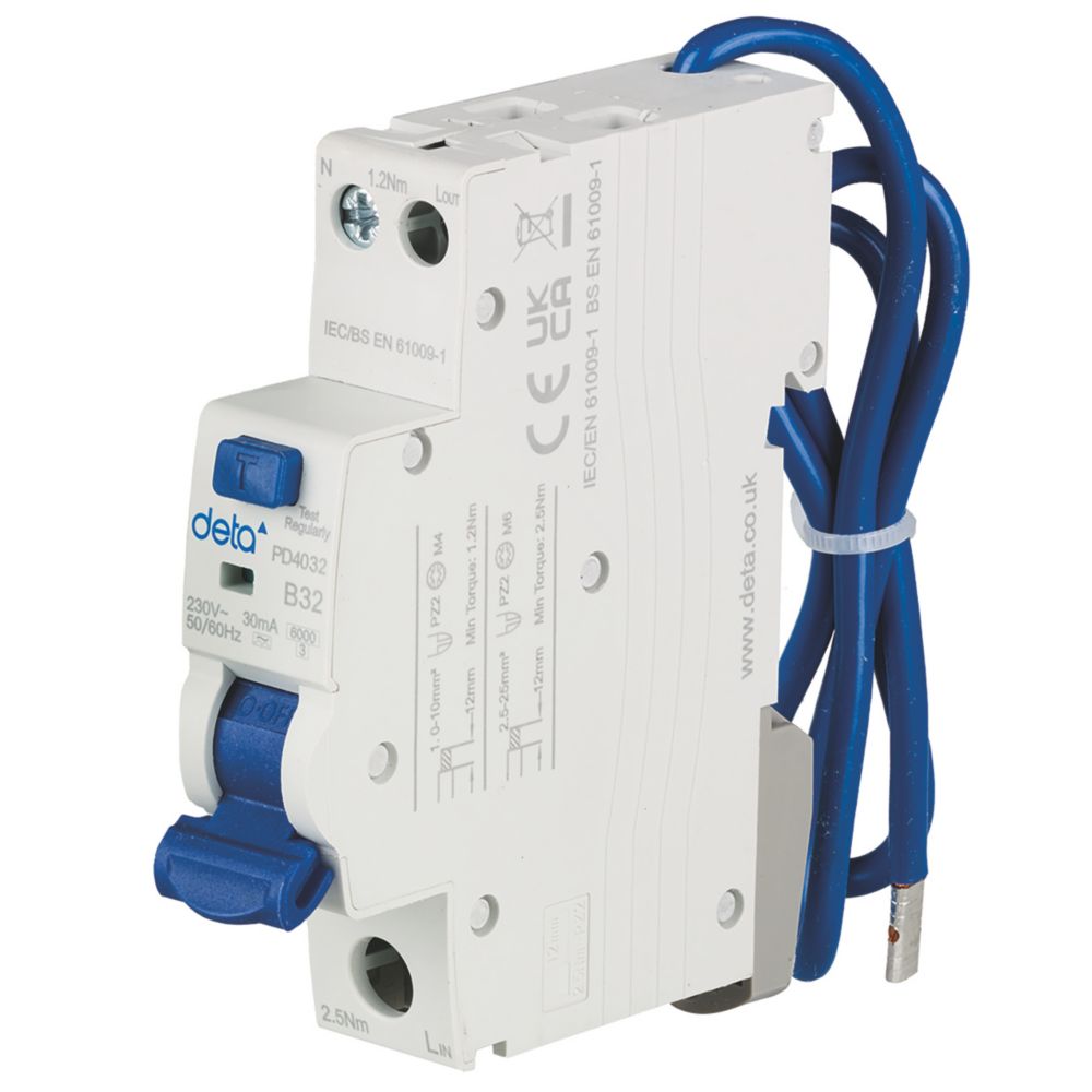 Deta 32A 30mA Type A SP & N B Curve Mini RCBO - Screwfix
