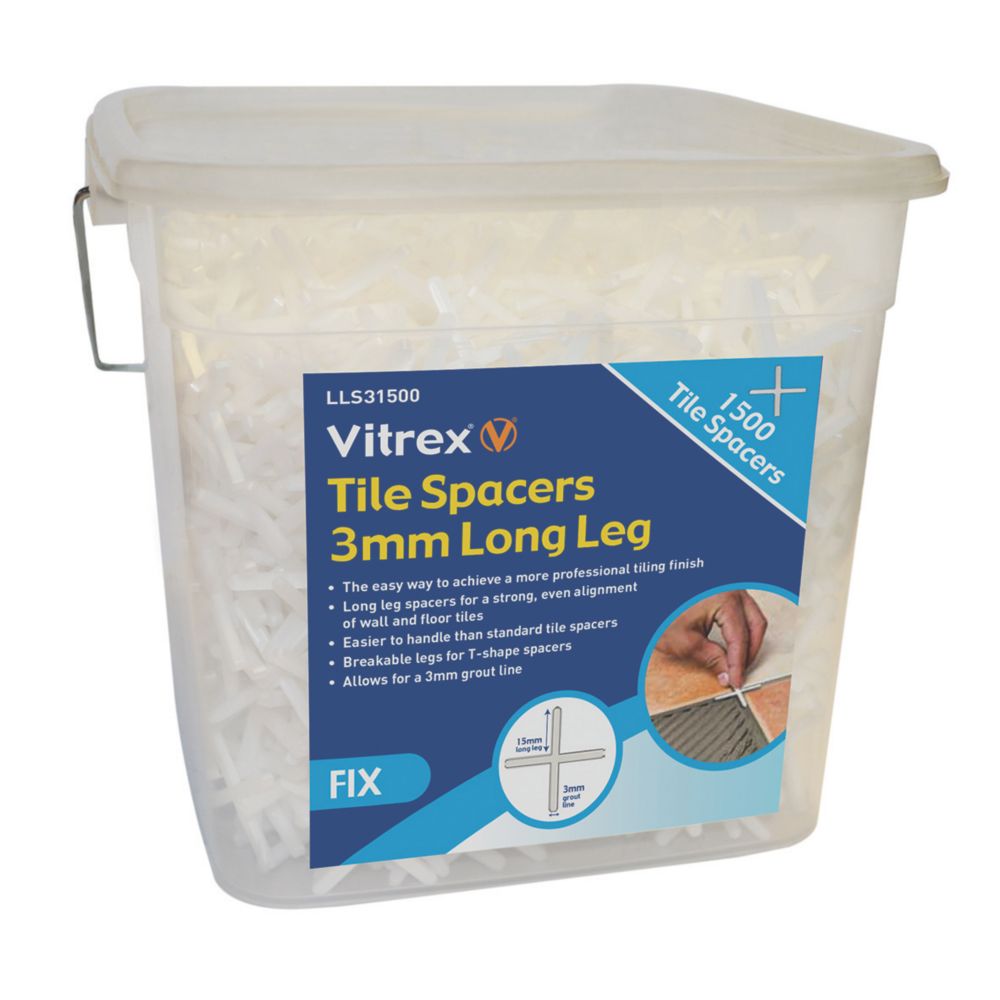 Vitrex Long Leg Tile Spacers 3mm 1500 Pack | Tile Spacers | Screwfix.com