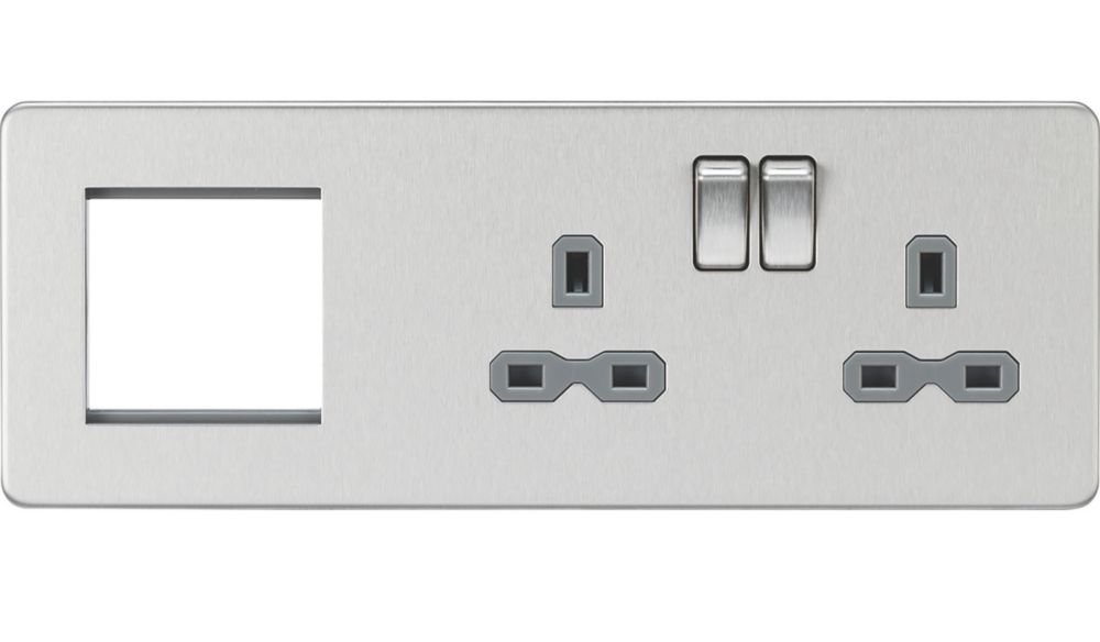 Knightsbridge 13A 2-Gang DP Combination Plate Brushed Chrome with ...