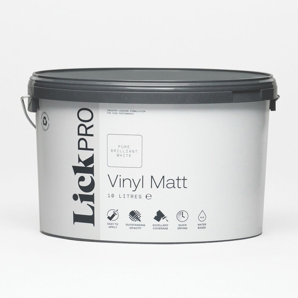 LickPro 10Ltr Pure Brilliant White Vinyl Matt Emulsion Paint - Screwfix
